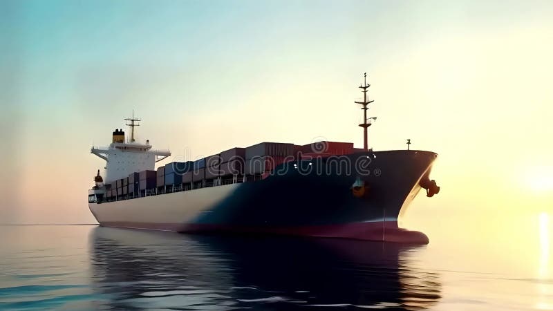 A Massive Cargo Ship Silently Moving Across Calm Ocean Waters at Dawn ...