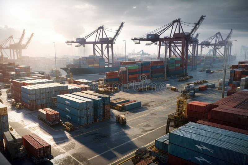 Massive Cargo Ship Surrounded by Containers at a Busy Port Stock ...