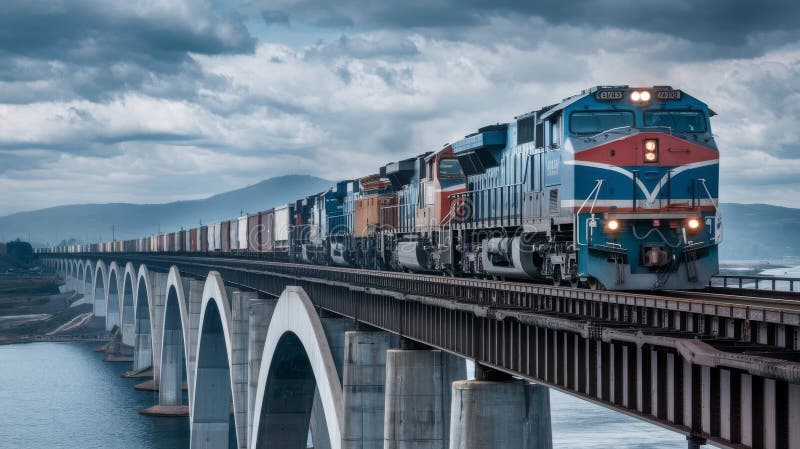 Massive Cargo Train on a Bridge, Emphasizing Movement and Connectivity ...