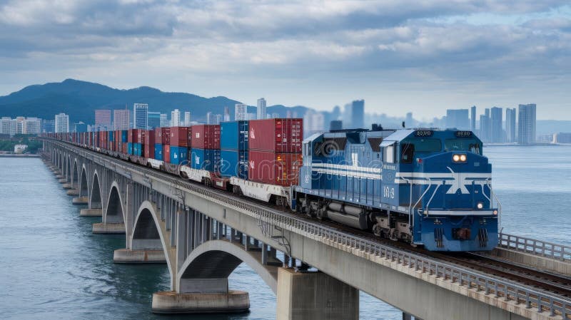 Massive Cargo Train on a Bridge, Emphasizing Movement and Connectivity ...