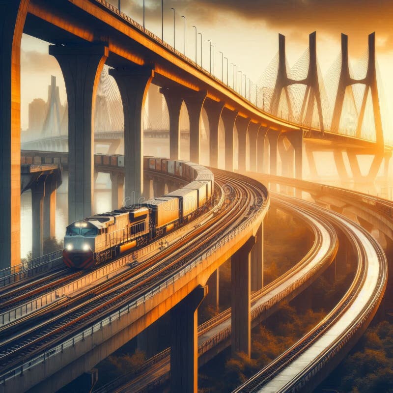 Massive Cargo Train on a Bridge, Emphasizing Movement and Connectivity ...