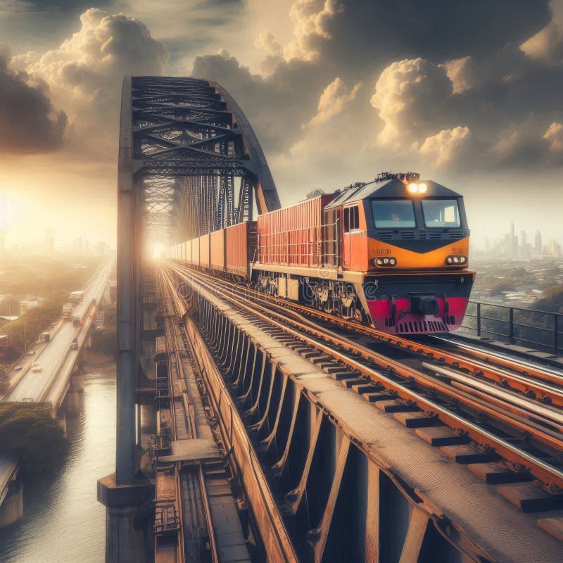 Massive Cargo Train on a Bridge, Emphasizing Movement and Connectivity ...