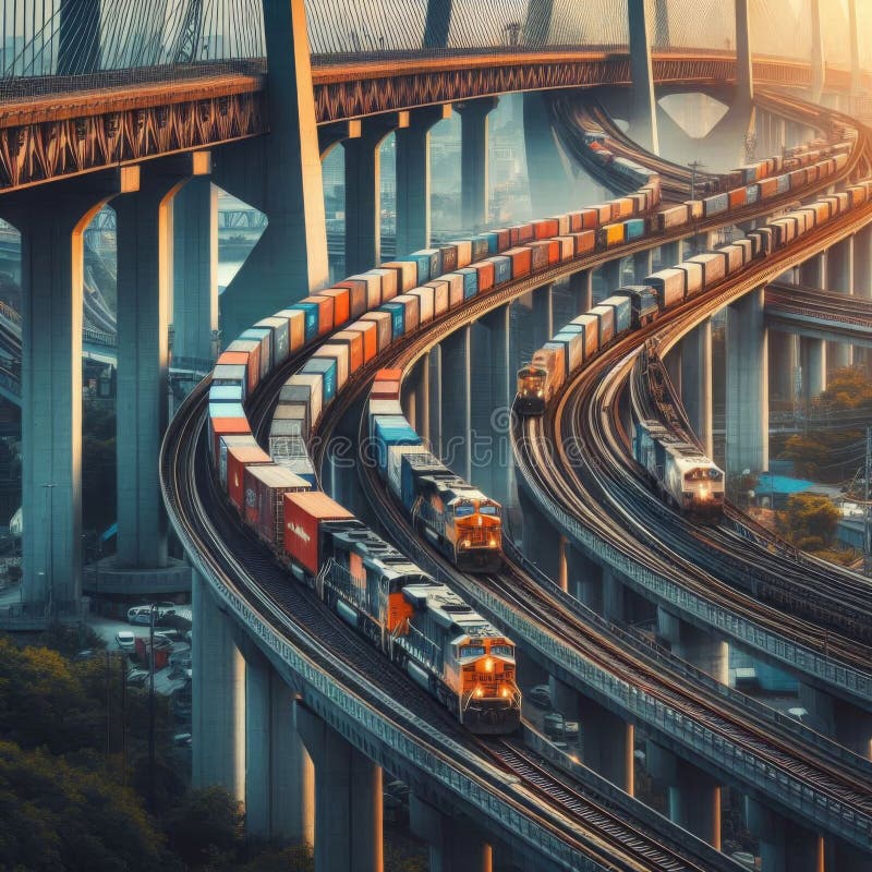 Massive Cargo Train on a Bridge, Emphasizing Movement and Connectivity ...