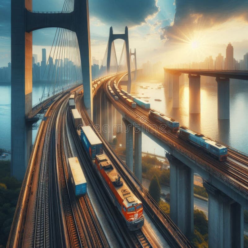 Massive Cargo Train on a Bridge, Emphasizing Movement and Connectivity ...