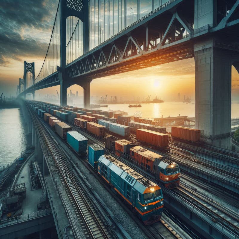Massive Cargo Train on a Bridge, Emphasizing Movement and Connectivity in Rail Transport Stock ...