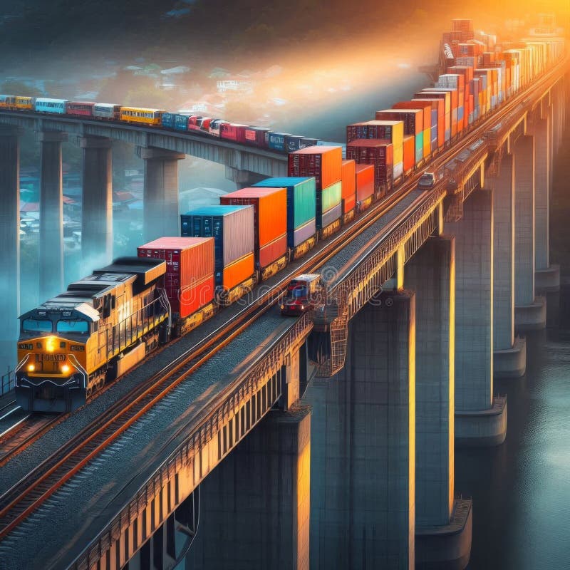 Massive Cargo Train on a Bridge, Emphasizing Movement and Connectivity ...