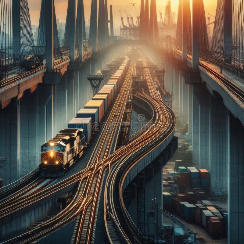 Massive Cargo Train on a Bridge, Emphasizing Movement and Connectivity ...