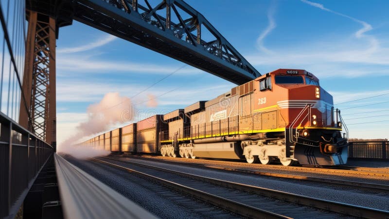 Massive Cargo Train on a Bridge, Emphasizing Movement and Connectivity ...