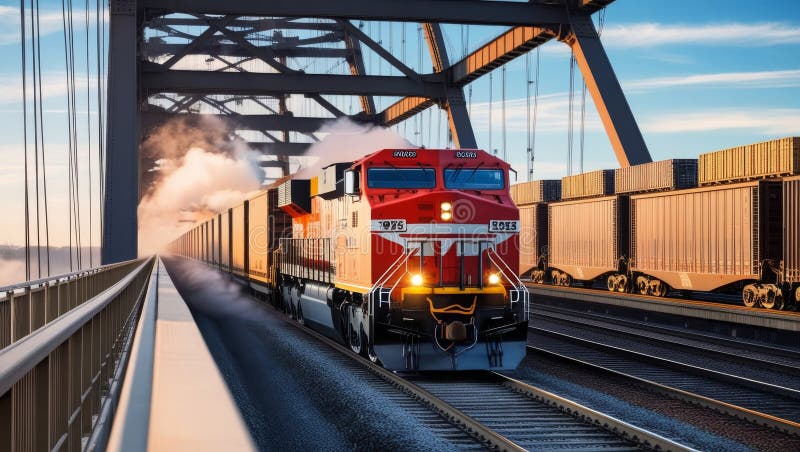 Massive Cargo Train on a Bridge, Emphasizing Movement and Connectivity ...