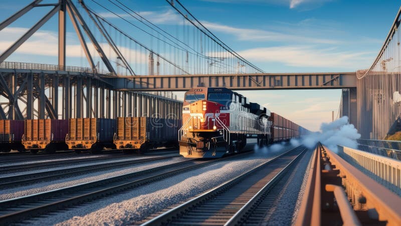 Massive Cargo Train on a Bridge, Emphasizing Movement and Connectivity ...