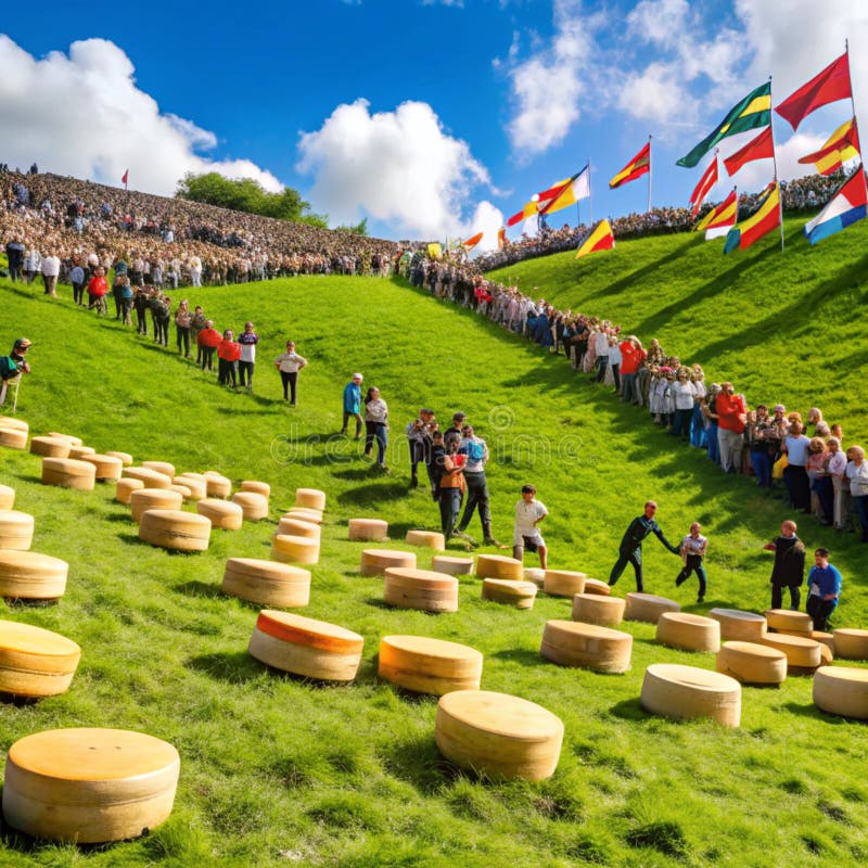 Massive Cheese Rolling Event. Large Crowds, Rolling Cheeses ...