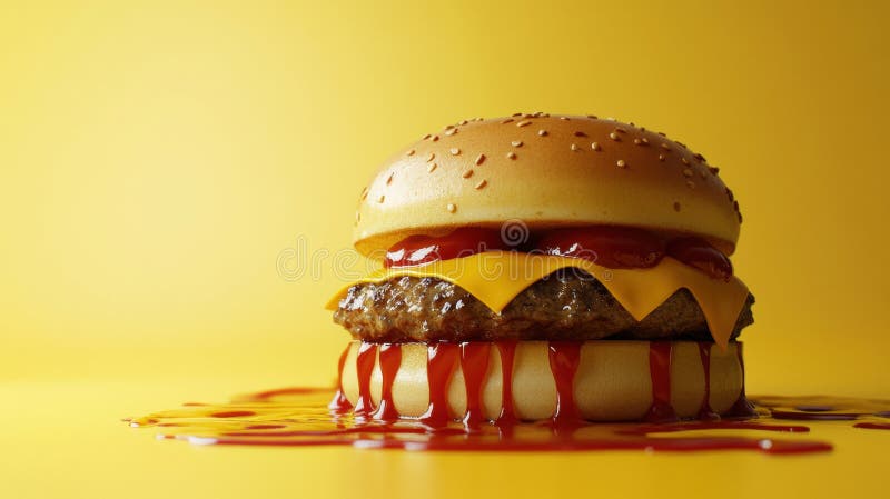 Massive Cheeseburger with Dripping Condiments on Bright Yellow ...
