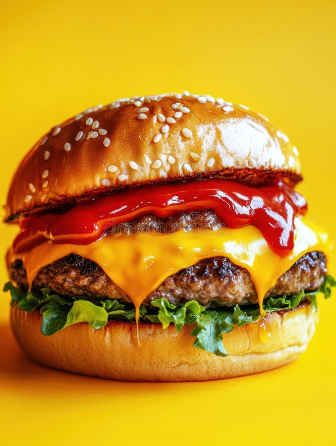 Massive Cheeseburger Topped with Cheddar and Lettuce on Bright Yellow ...