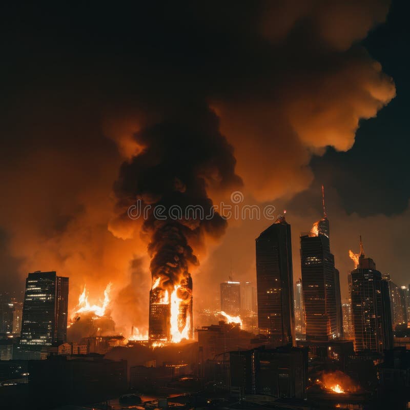 Massive City Fire Dark Smoke Rising Night Stock Photos - Free & Royalty ...