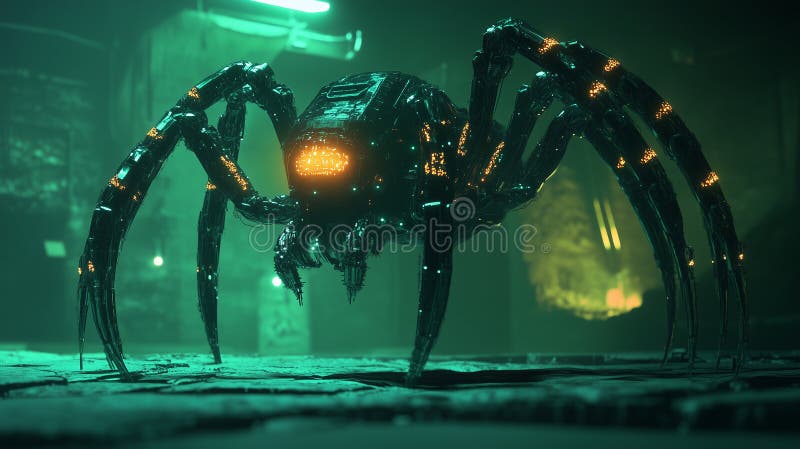Massive Clockwork Spider with Glowing Neon Legs Emerges in Dimly Lit ...