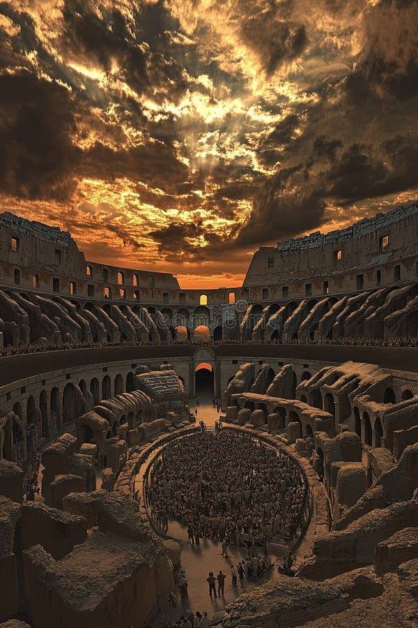 A Massive Coliseum with Cheering Crowds and a Dramatic Sky. Game ...