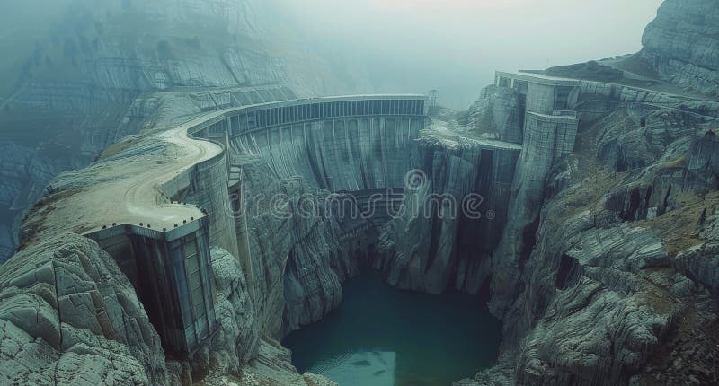 A Massive Concrete Dam and Bridge in a Mountainous Valley Stock Photo ...