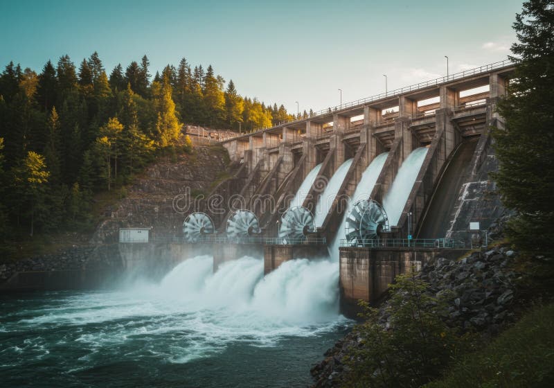 Massive Concrete Dam Generating Hydropower on a River Stock ...