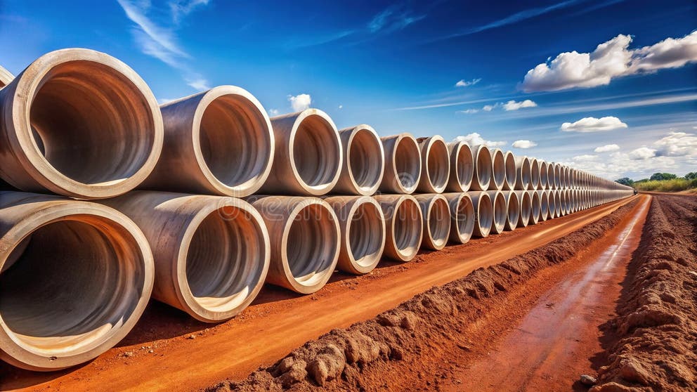 Massive Concrete Pipes in Horizontal Alignment at a Construction Site ...