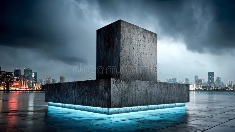Massive Concrete Podium Illuminated with Blue Light, Standing on a Wet ...