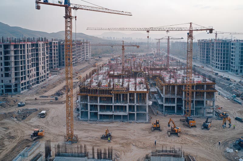 Massive Construction Site Under Development with Cranes and Workers in ...