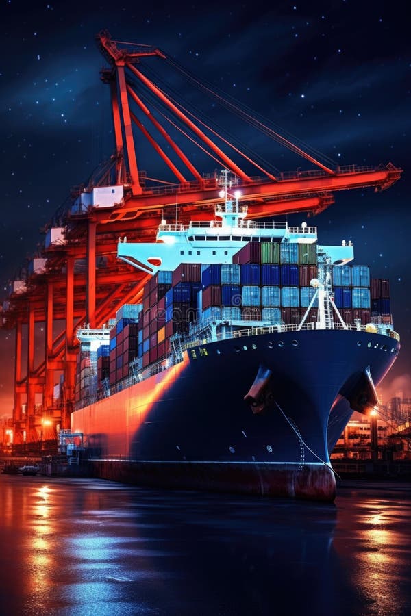 A Massive Container Ship is Docked at Night, Illuminated by the Lights ...