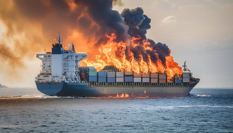 Massive Container Ship on Fire in the Middle of the Ocean Stock ...
