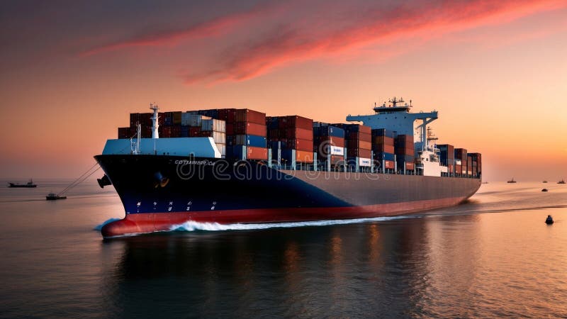 A Massive Container Ship Navigating through a Calm Sea during Sunset ...