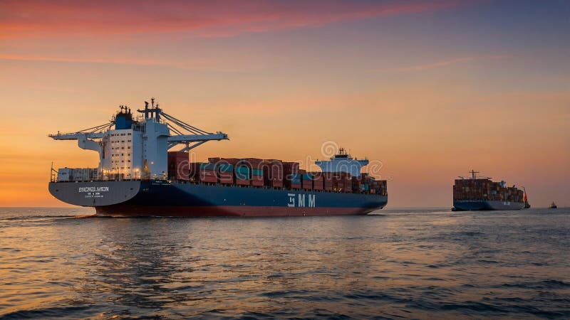 A Massive Container Ship Navigating through a Calm Sea during Sunset ...