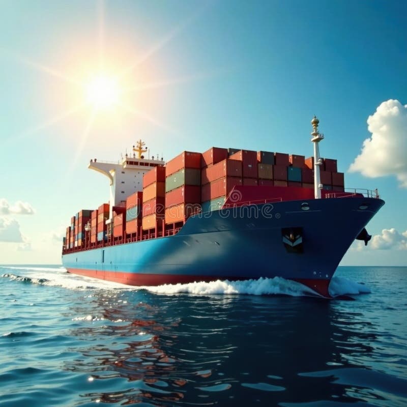 Massive Container Ship Sailing, Colorful Cargo Under Bright Sun, Export ...