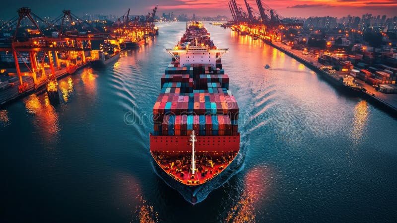 Massive Container Ship Sailing through a Lit Harbor at Dusk Stock Image ...