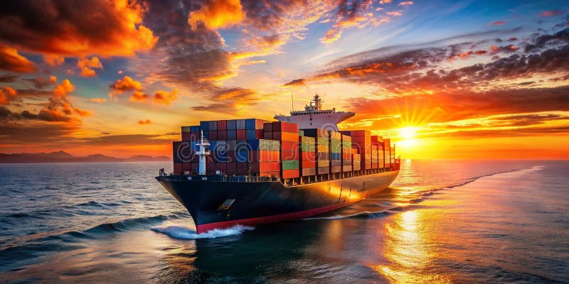 Massive Container Ship Traversing the Ocean Illuminated by Sunset S ...