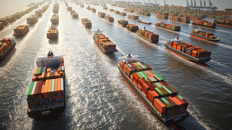 Massive Container Ships Navigate Busy Maritime Routes To Deliver Global ...