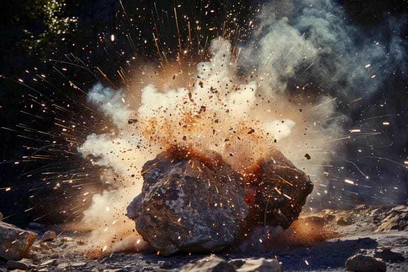 Powerful Blast Shatters a Large Rock, Sending Debris Flying Stock Image ...