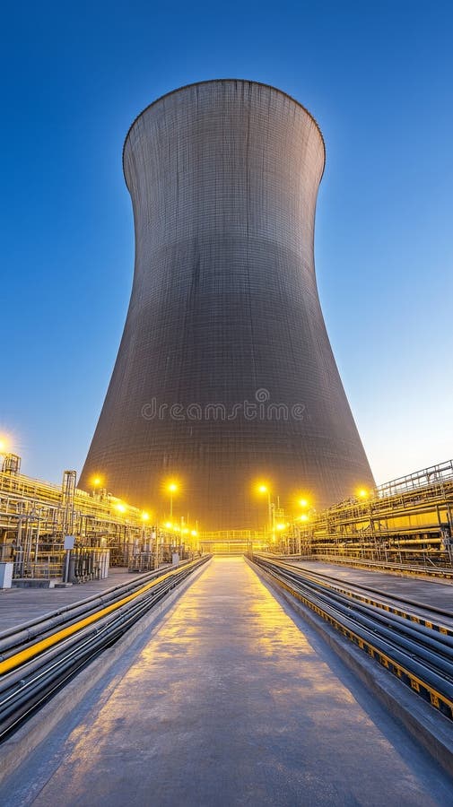 Massive Cooling Tower of a Nuclear Power Plant Illuminated at Night ...