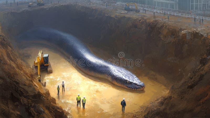 A Massive Creature Emerges from a Construction Site. Workers Stand in ...
