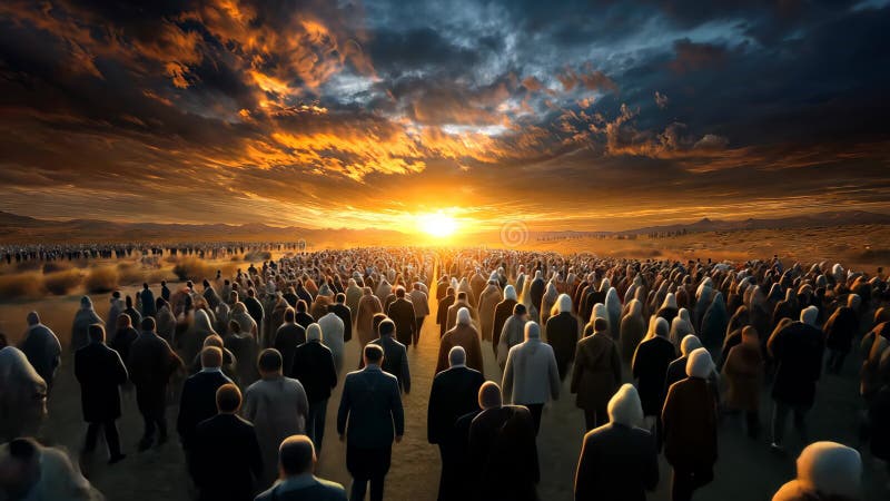 A Massive Crowd Moving Across a Desert Landscape Under a Dramatic ...