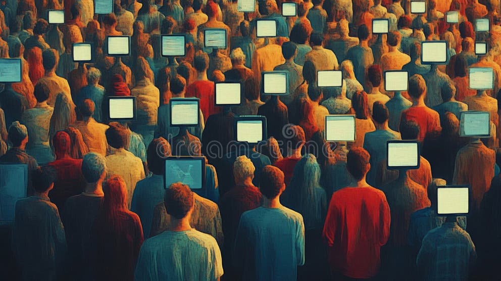 Massive Crowd of People with Blank Computer Screens Stock Illustration ...