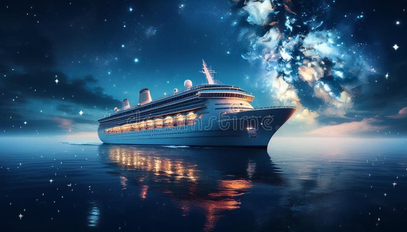 Massive Cruise Ship Sailing through Deep Blue Waters Under a Starry ...