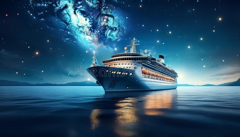 Massive Cruise Ship Sailing through Deep Blue Waters Under a Starry ...