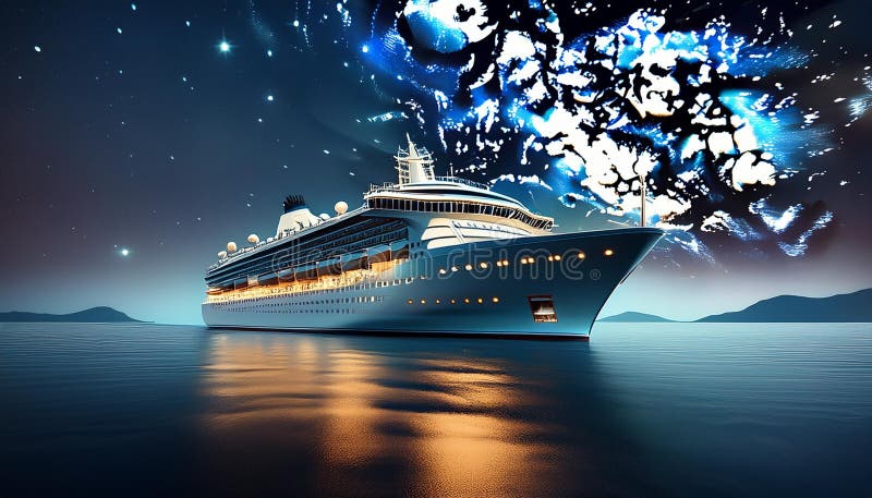 Massive Cruise Ship Sailing through Deep Blue Waters Under a Starry ...