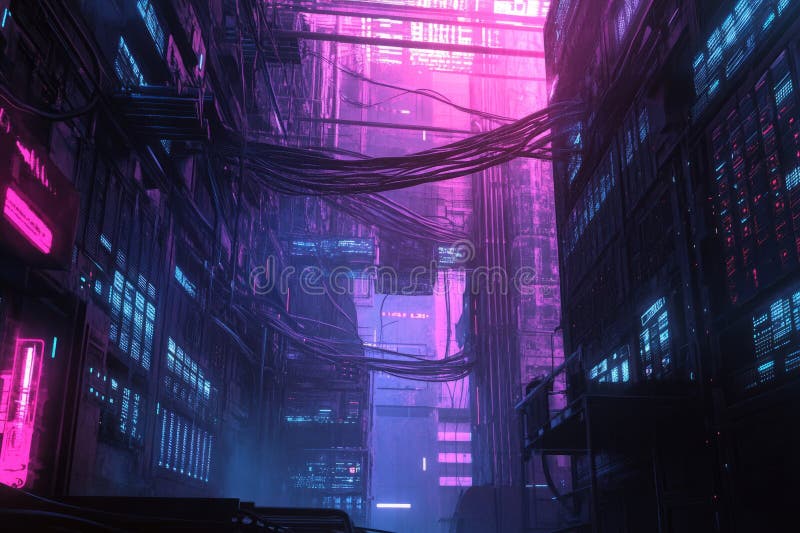 A Massive Cyberpunk Data Center with Glowing Server Racks, Pulsing ...