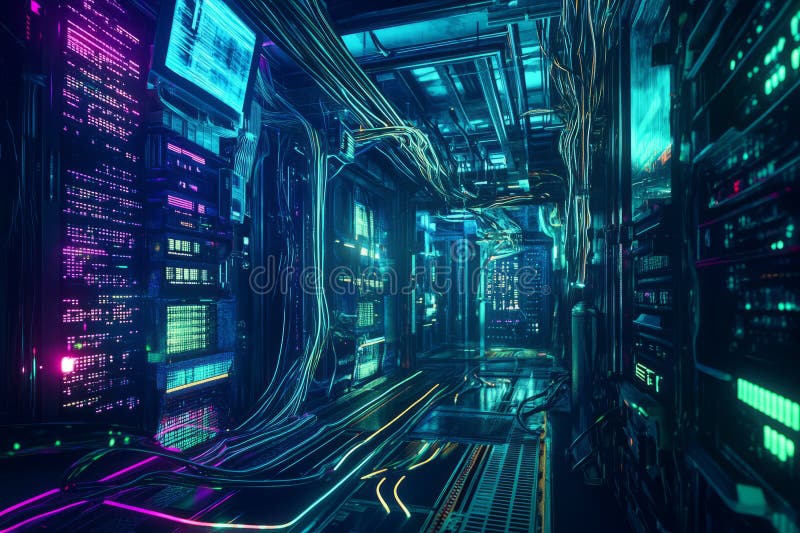 A Massive Cyberpunk Data Center with Glowing Server Racks, Pulsing ...