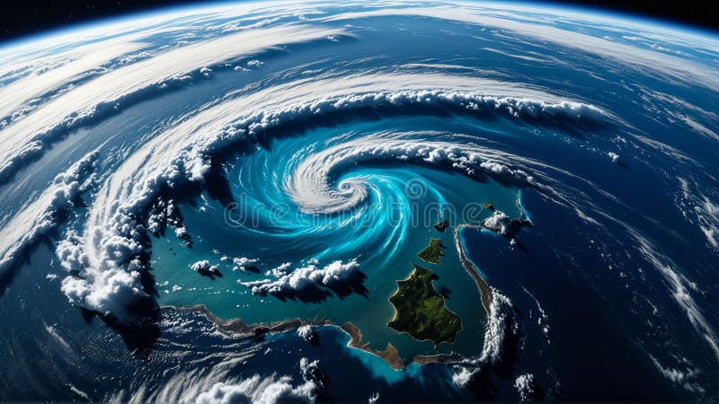 Massive Cyclone Swirling Over Tropical Island and Ocean Viewed from ...
