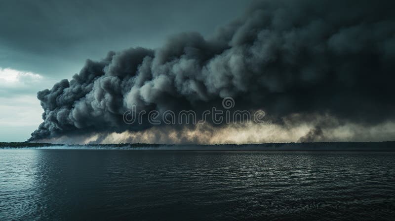 Massive Dark Smoke Plume from a Large Fire Near Water Stock Image ...