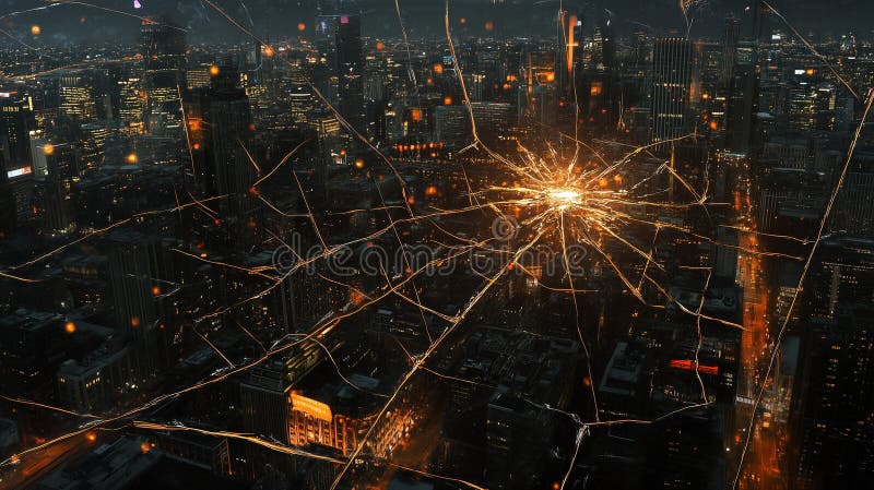 Massive Data Breach Visualized As Digital Chaos Over a City Skyline at ...