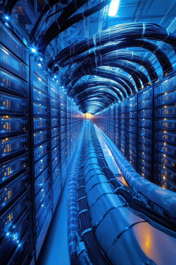 Massive Data Center Cabling with Glowing Server Racks Stock ...