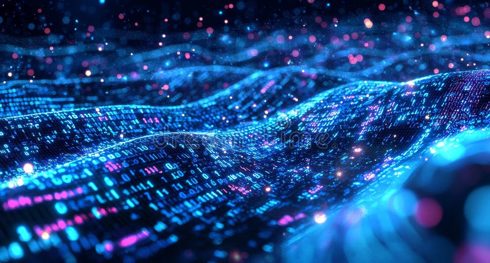 Massive Data Cyber Strings. a 3D Illustration Featuring Wavy Lines in an Information Code Field ...