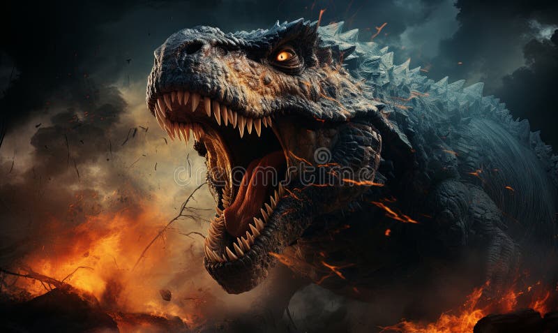 Massive Dinosaur Roaring in Front of Fire Stock Image - Image of flames ...