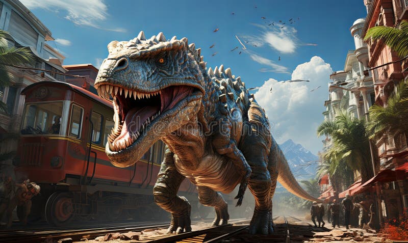 Massive Dinosaur Roaring on Train Tracks Stock Photo - Image of roaring ...